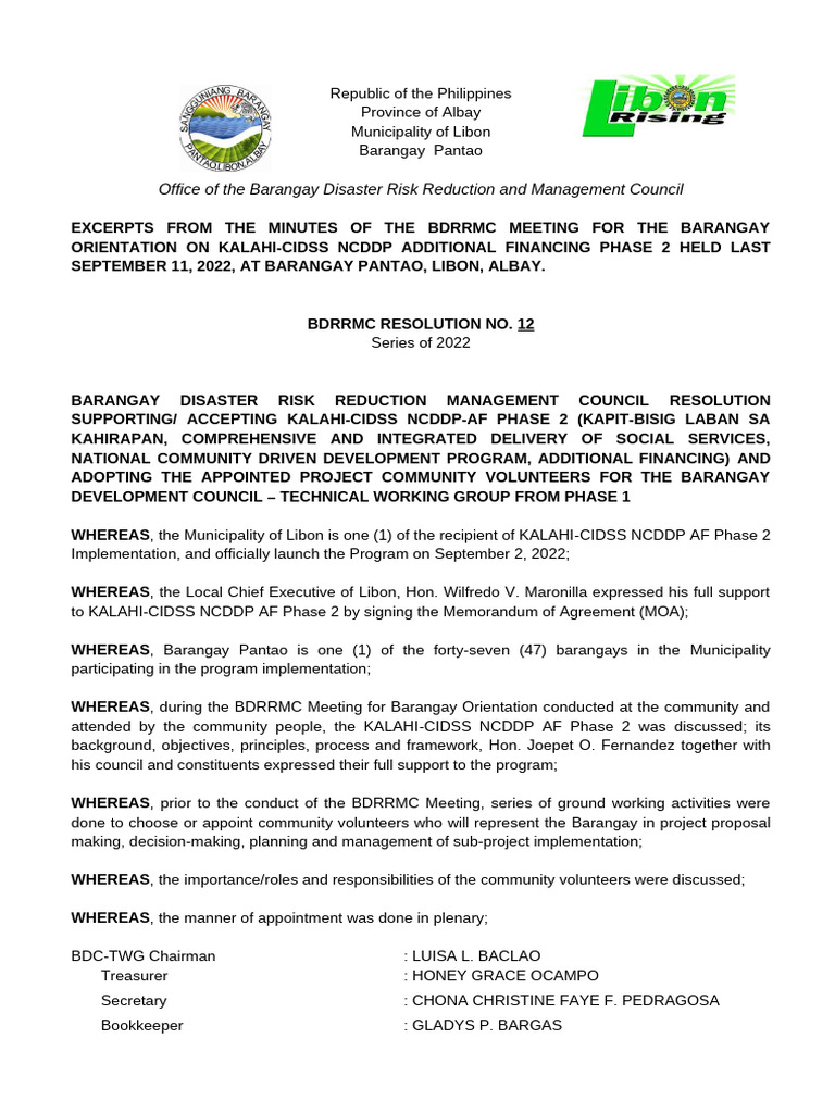 Pantao BDRRMC Resolution on KALAHI-CIDSS | PDF | Economies | Government