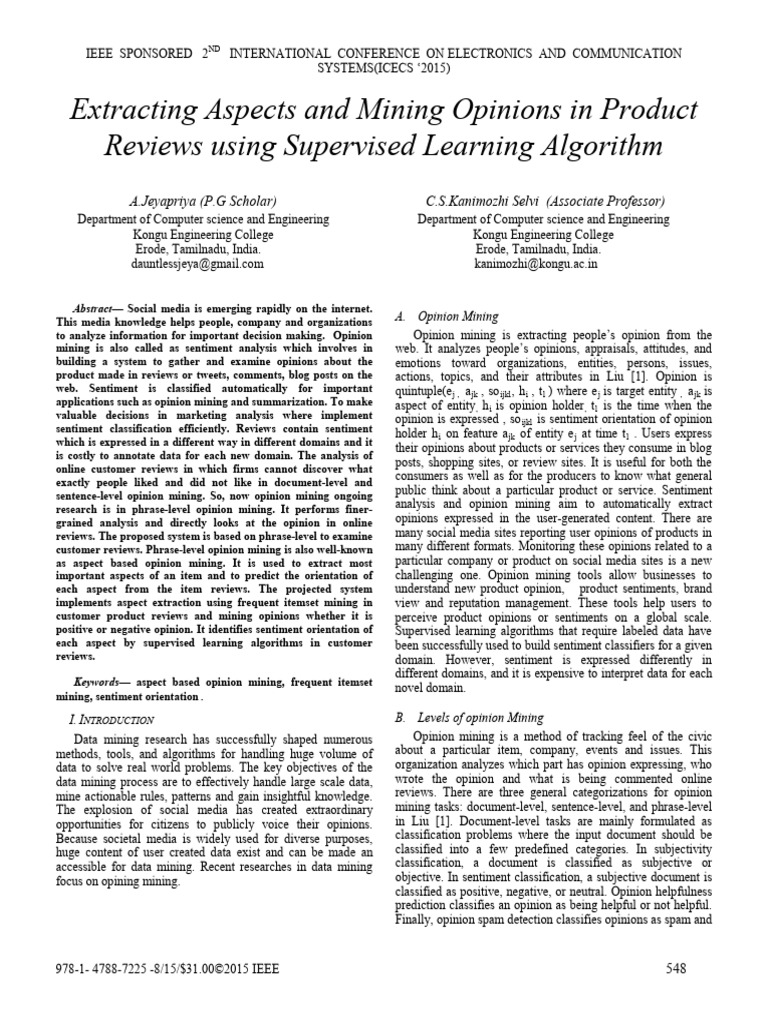 Extracting Aspects and Mining Opinions in Product Reviews Using Supervised Learning Algorithm ...