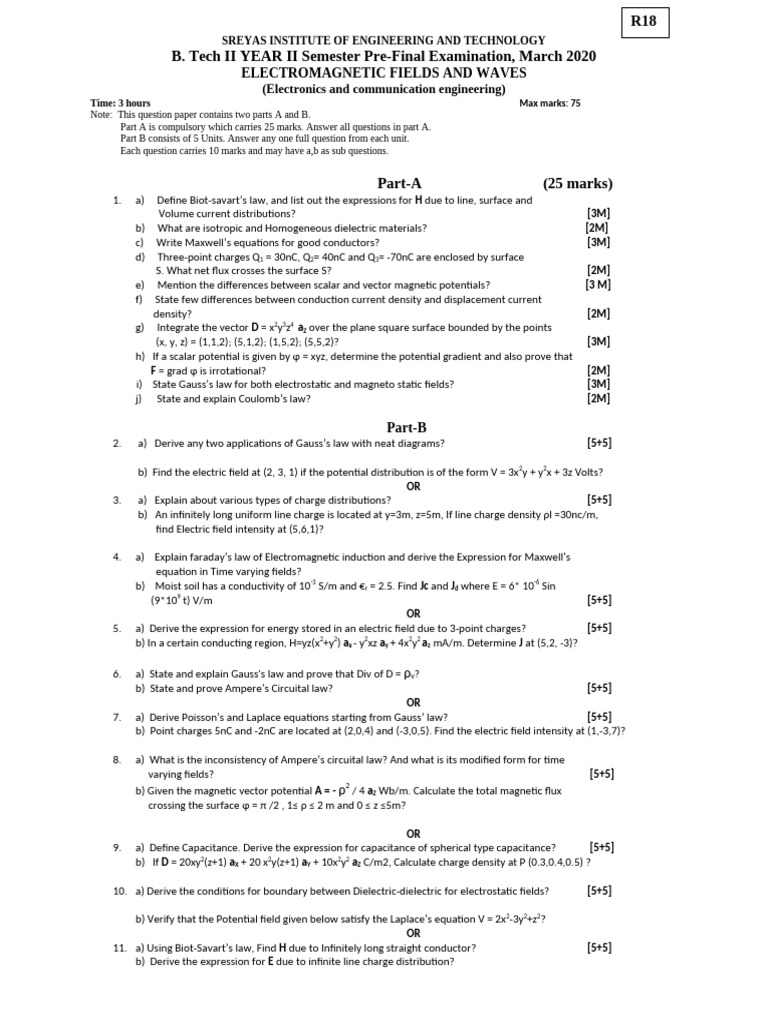 Emw Pre-Finalquestion Paper | PDF | Electric Field | Physics