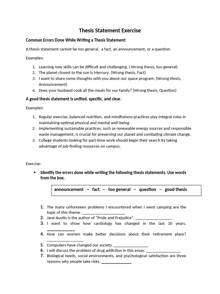 Thesis Statement Exercise | PDF | Thought | Learning