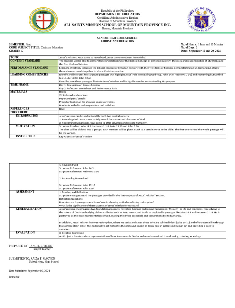 Lesson Plan Jesus's Mission | PDF | Salvation | Jesus