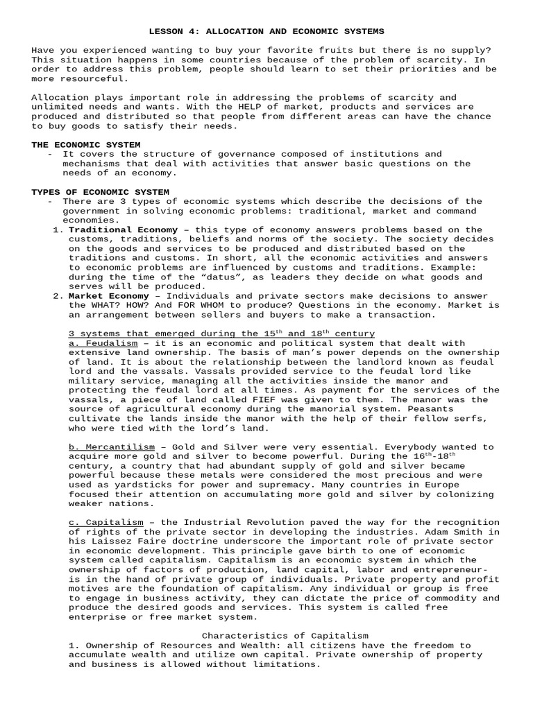 Lesson 4 Allocation and Economic Systems | PDF | Economic System ...
