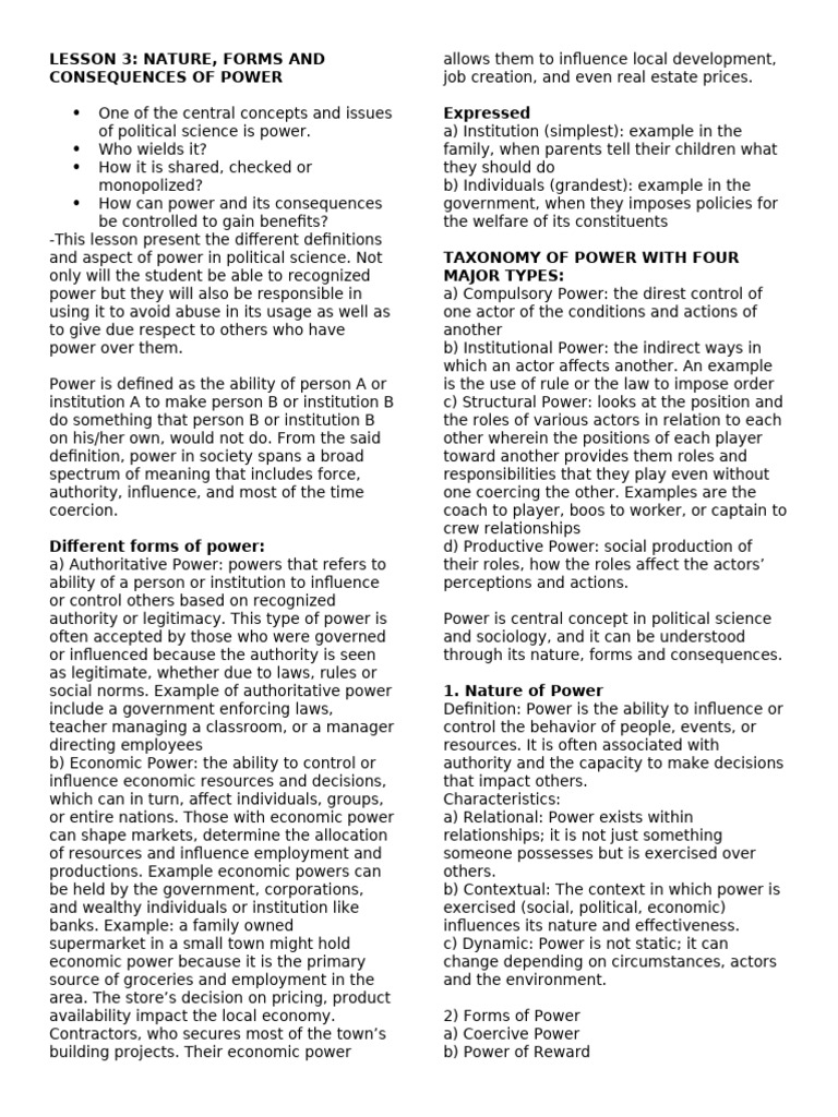 Lesson 3 - Nature, Forms and Consequences of Power | PDF | Power ...