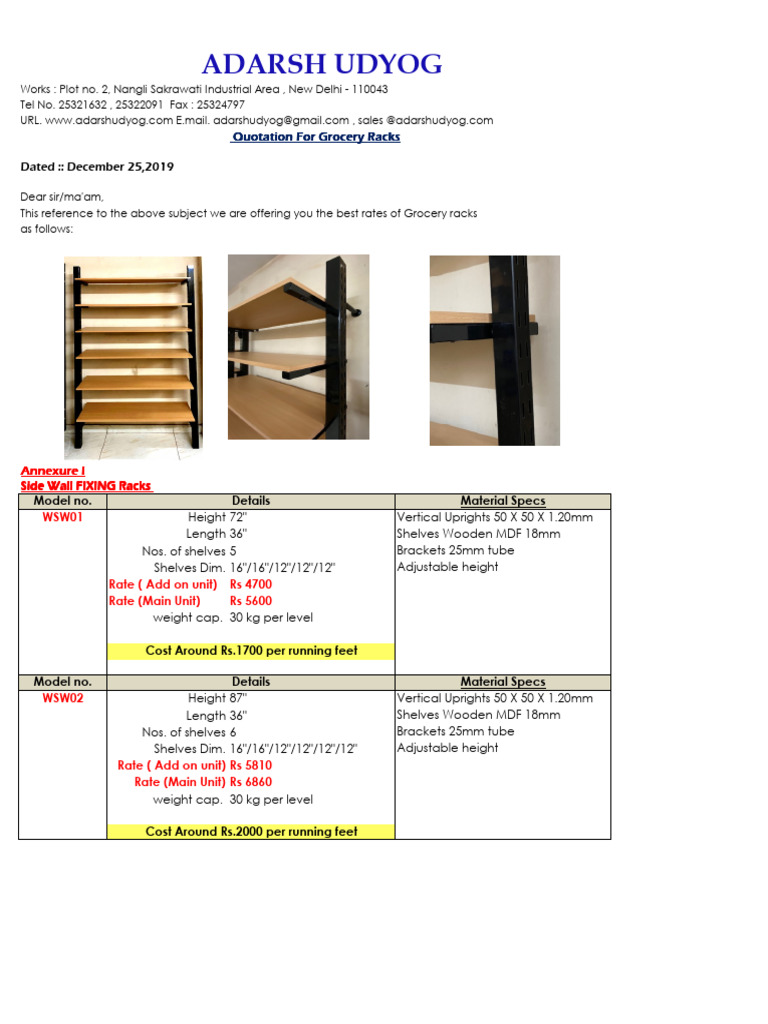 Quotation For Grocery Racks - Wooden Shelves - Dec2019 | PDF