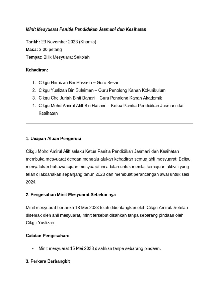 Minit Mesyuarat Panitia Pendidikan Jasmani Dan Kesihatan Kali Kedua Tahun 2023 | PDF