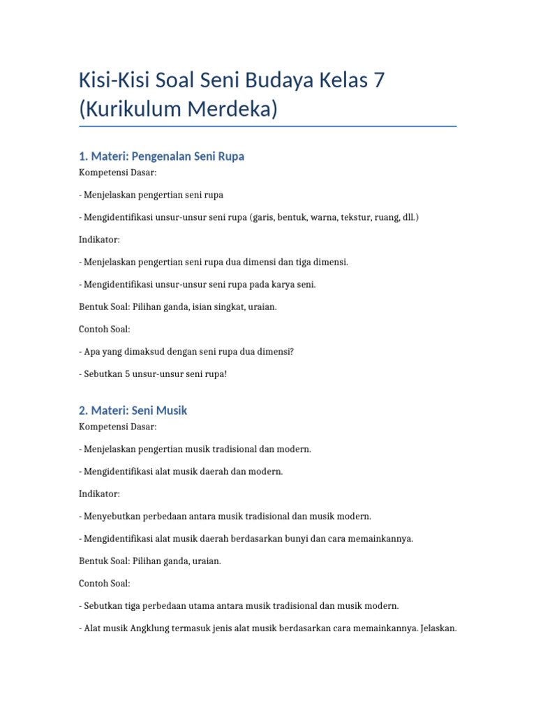 Kisi Kisi Seni Budaya Kelas 7 | PDF