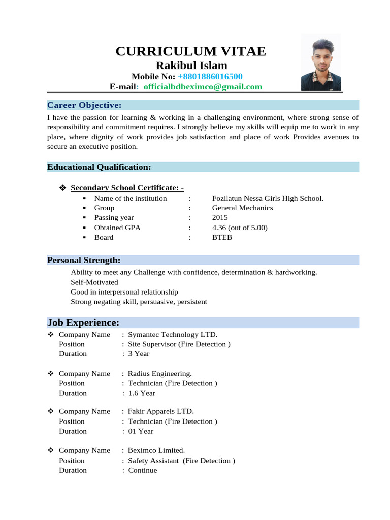 Rakibul Islam Fire Tachnician CV | PDF | Computing