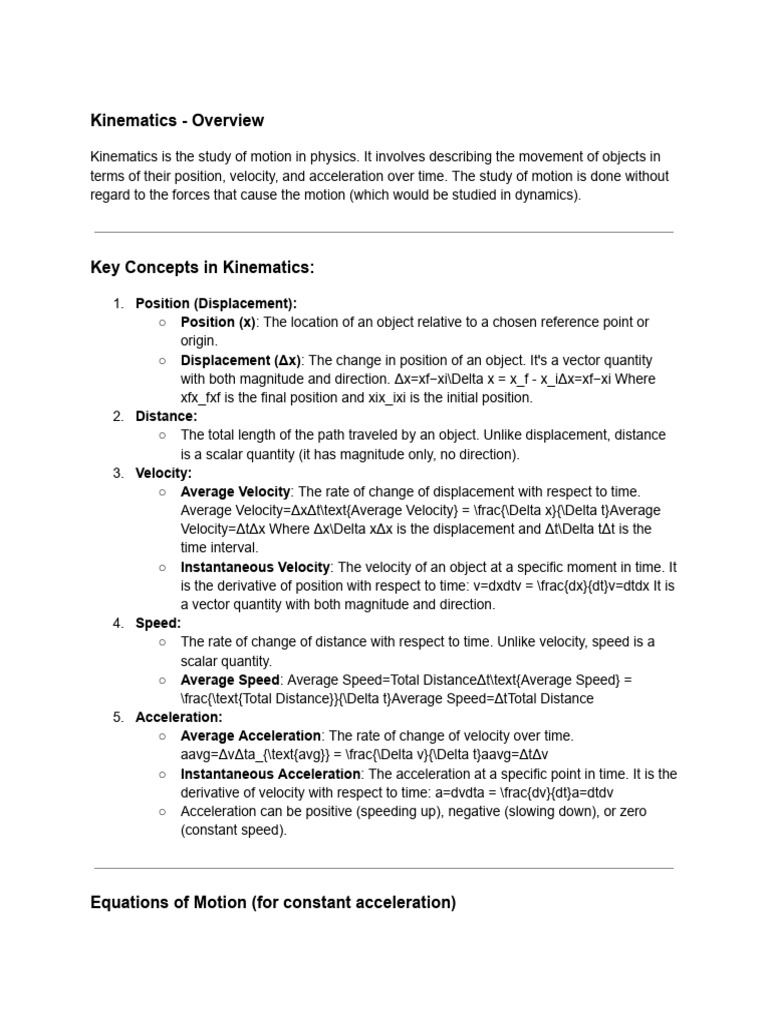 Kinematics - Overview | PDF | Velocity | Acceleration