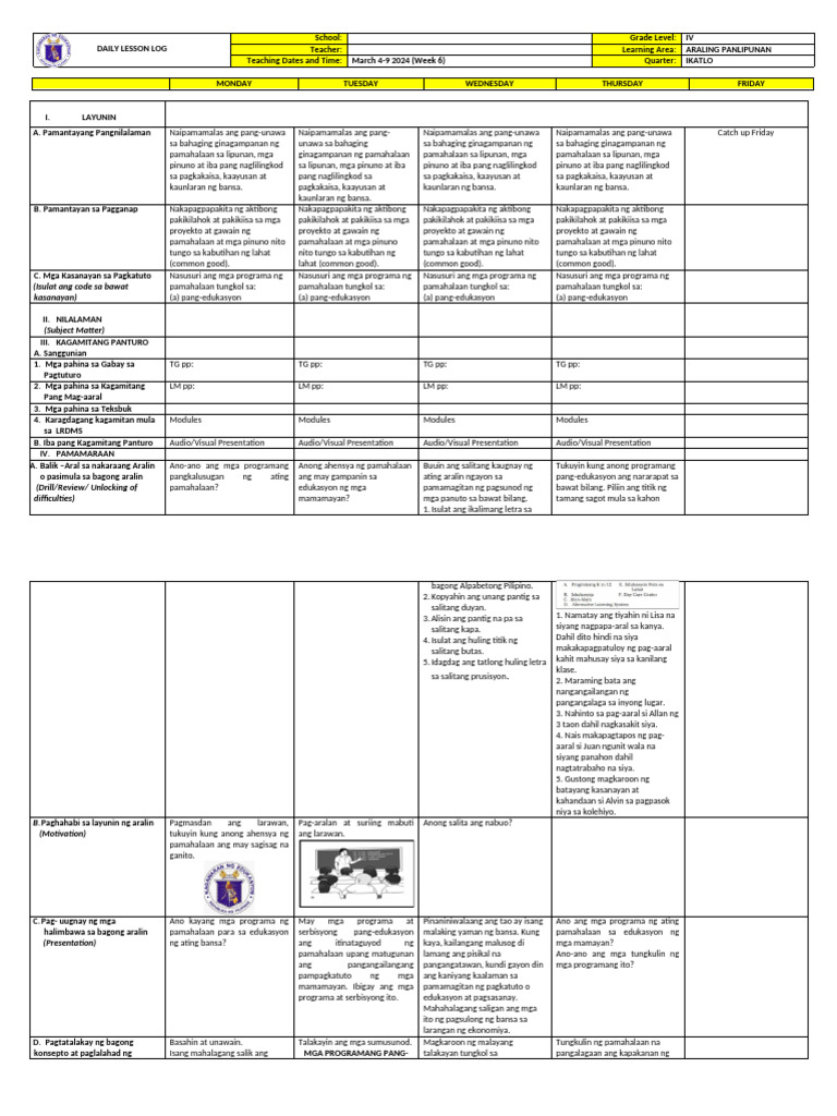 DLL - AP4 - Q3 - W6 Nasusuri Ang Mga Programa NG Pamahalaan Pangedukasyon | PDF