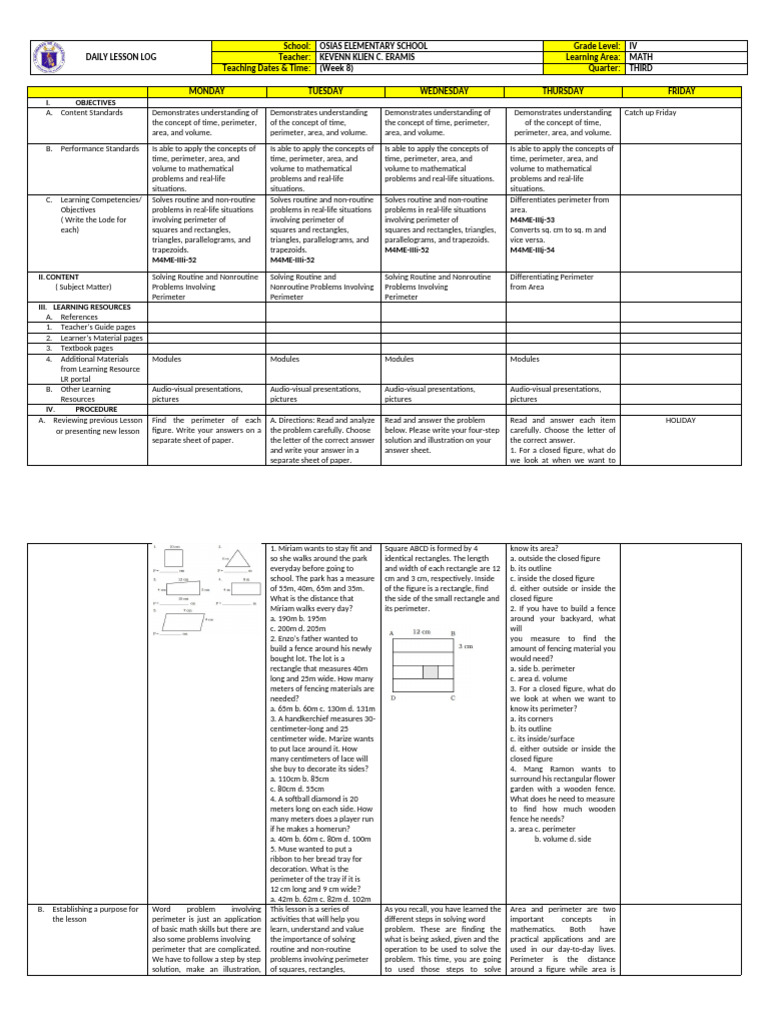 DLL - MATH 4 - Q3 - WEEK 8 Solves Routine and Non Routine Problems ...