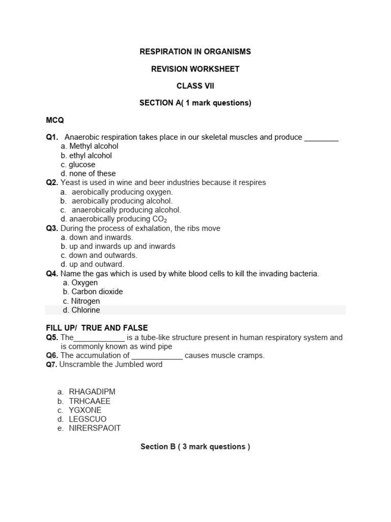 Respirtion in Organisms Class Vii | PDF