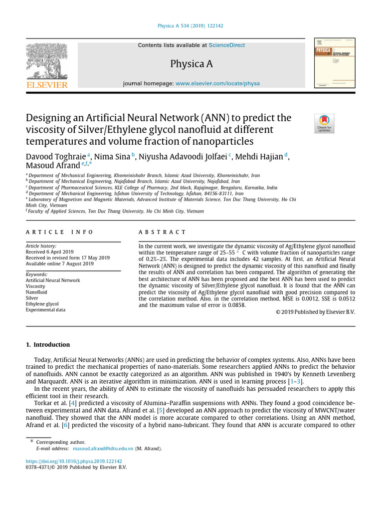 Physica A: Davood Toghraie, Nima Sina, Niyusha Adavoodi Jolfaei, Mehdi Hajian, Masoud Afrand ...