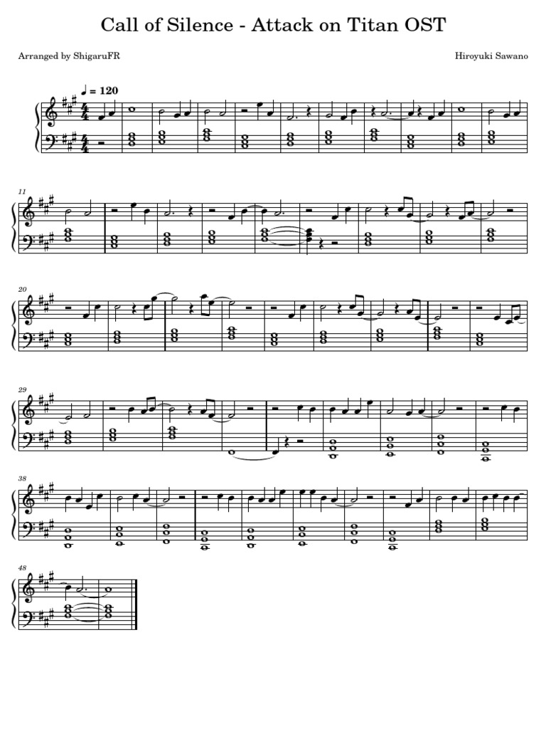 Call of Silence - Hiroyuki Sawano - Attack On Titan OST Easy (Short Ver.) | PDF
