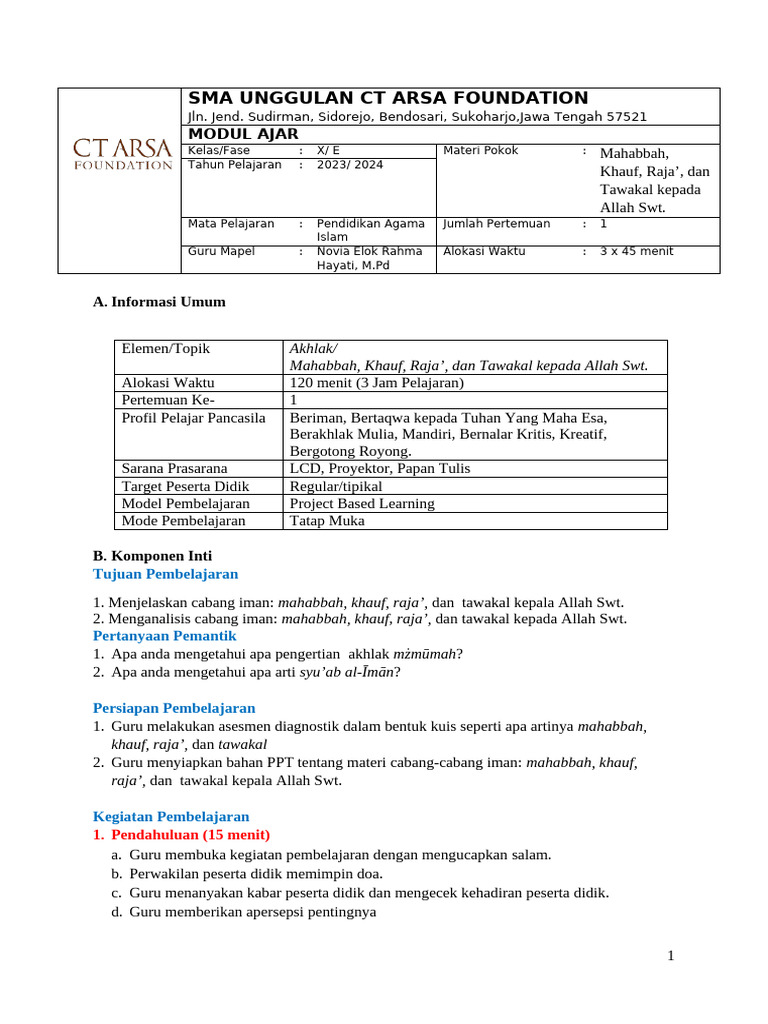 Modul Ajar Pai Sma Kelas X Bab 7 | PDF