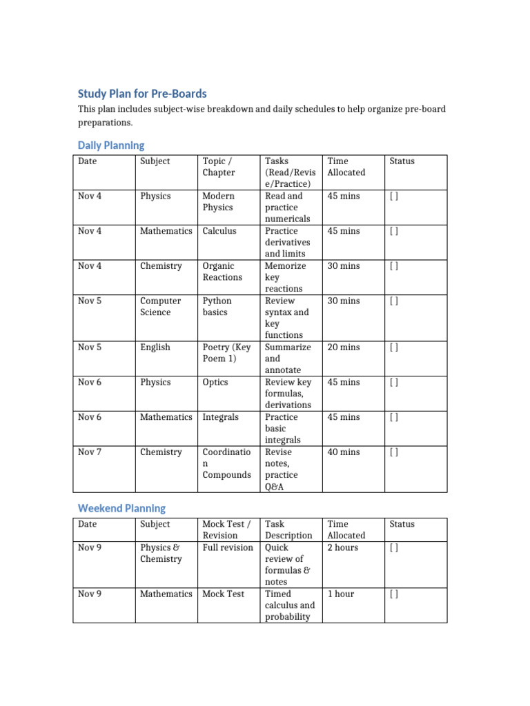 Study Plan Pre Boards | PDF | Physics | Integral