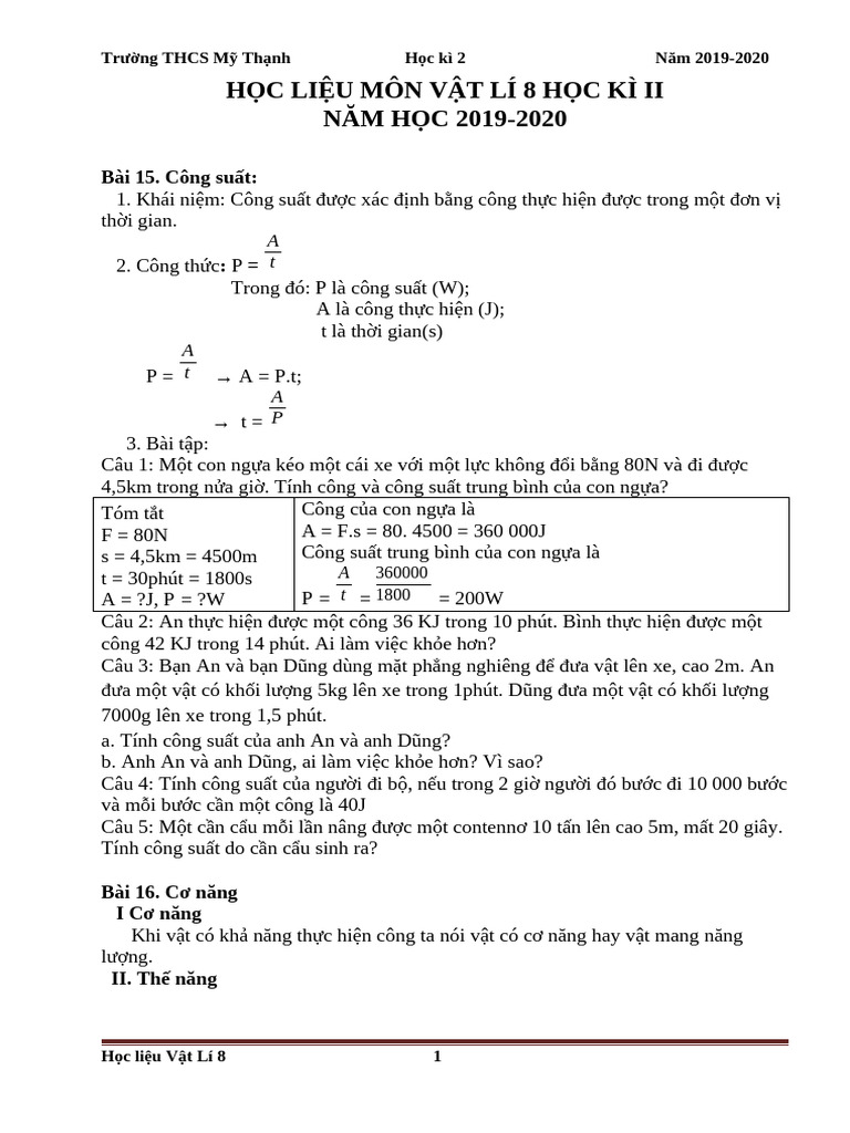 Hoc Lieu Mon Vat Li 8 Hkii 2019 2020 | PDF