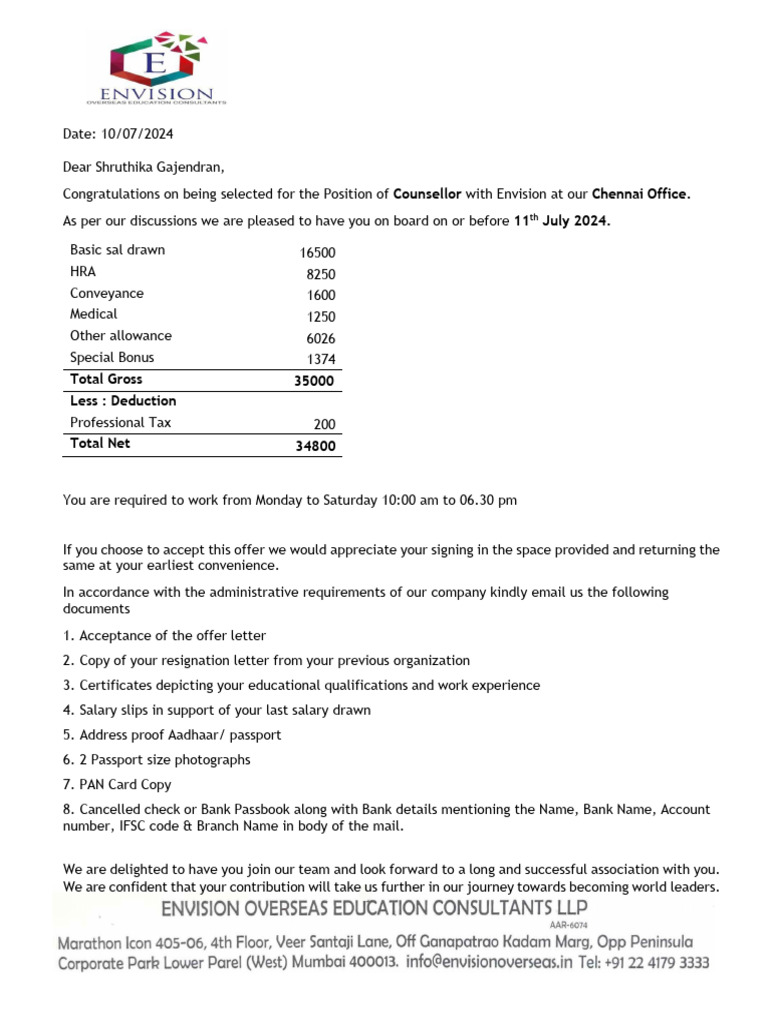 Envision Offer Letter | PDF