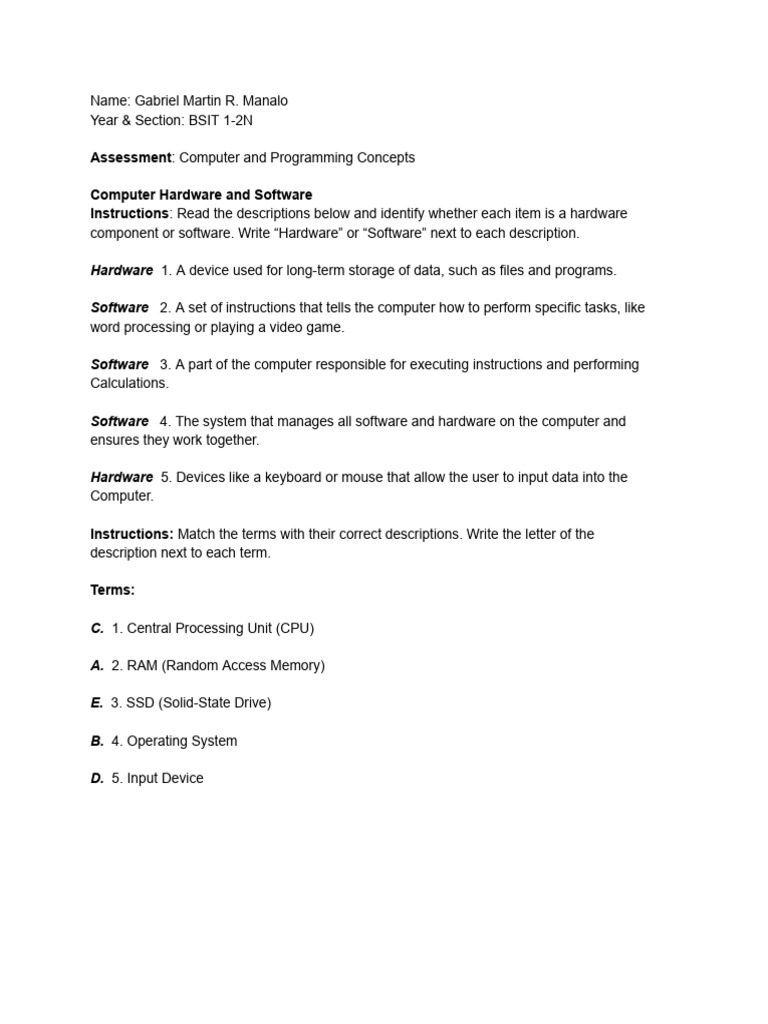 Computer and Programming Concepts - Assesment | PDF | Solid State Drive | Hard Disk Drive