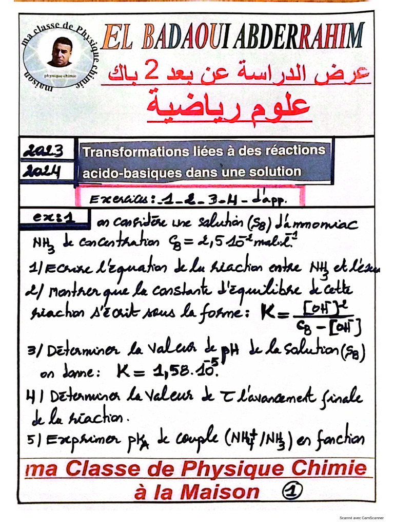 Série Exercices Les Transformations Liées Acido Basique Pour 2 Ème Bac ...