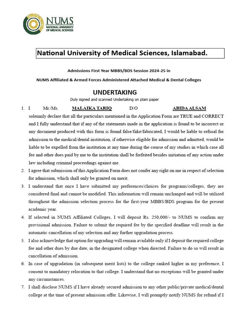 2024 Undertaking Form For MBBS BDS Application 2024 25 Private ...