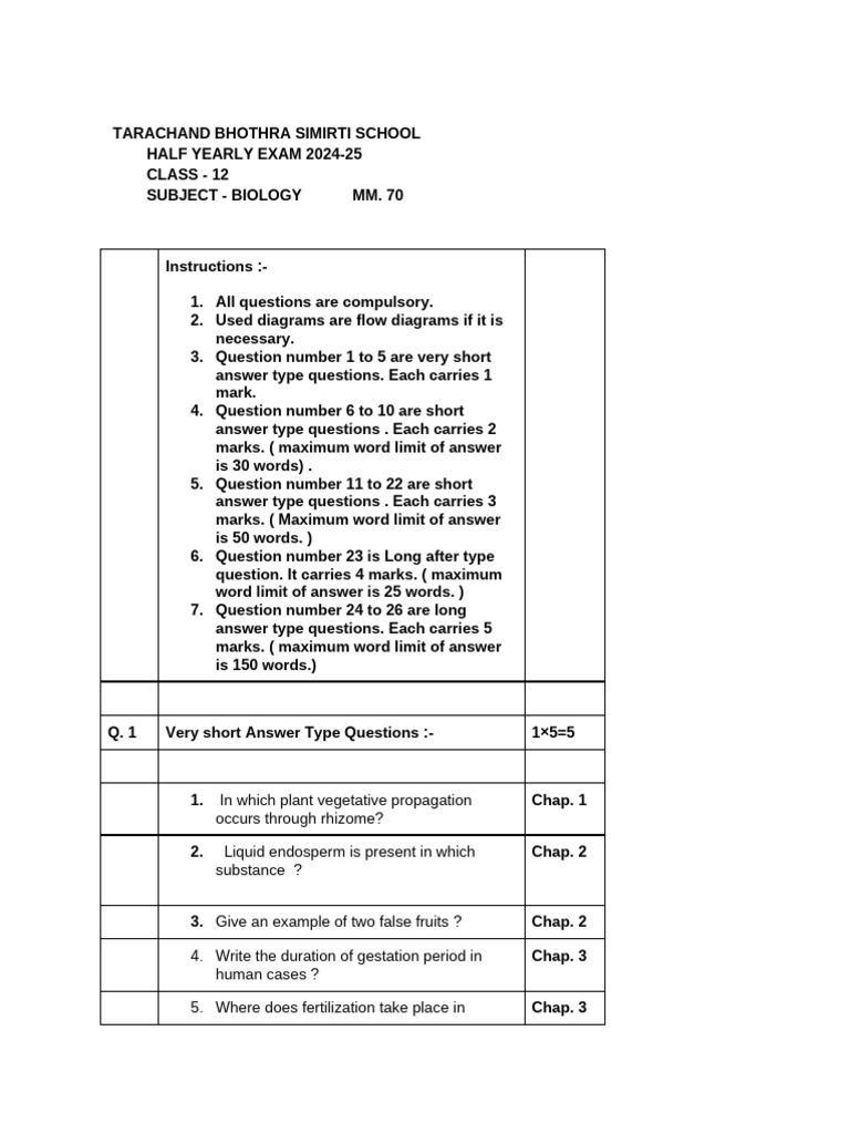 Class 12 Biology Half Yearly Exam 2024-25 | PDF | Reproduction ...
