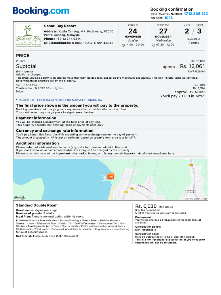 Senari Bay Resort Confirmation | PDF | Fee | Cash