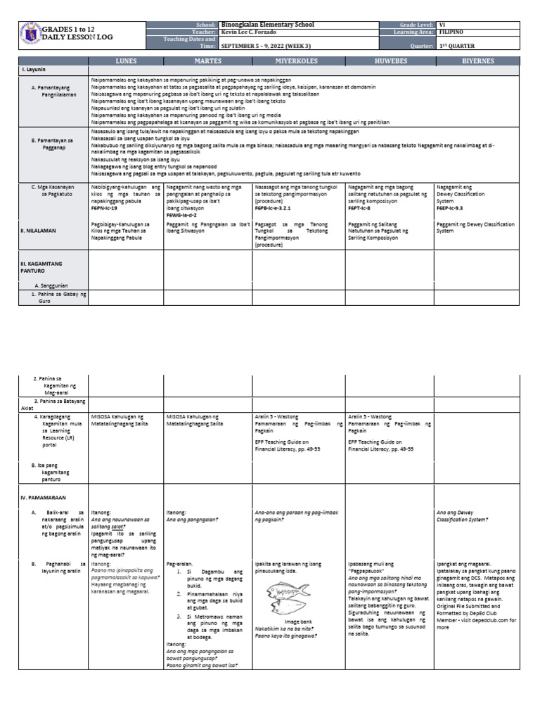 DLL - Filipino 6 - Q1 - W3 | PDF
