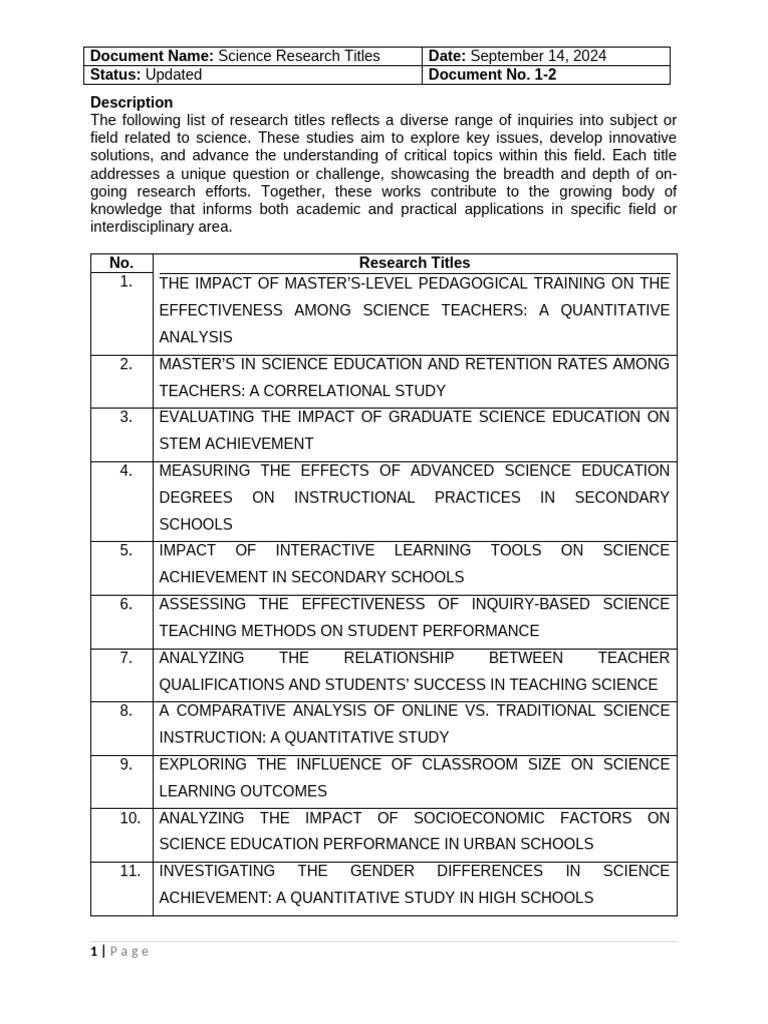 Science Education Research Titles List | PDF | Science | Teachers