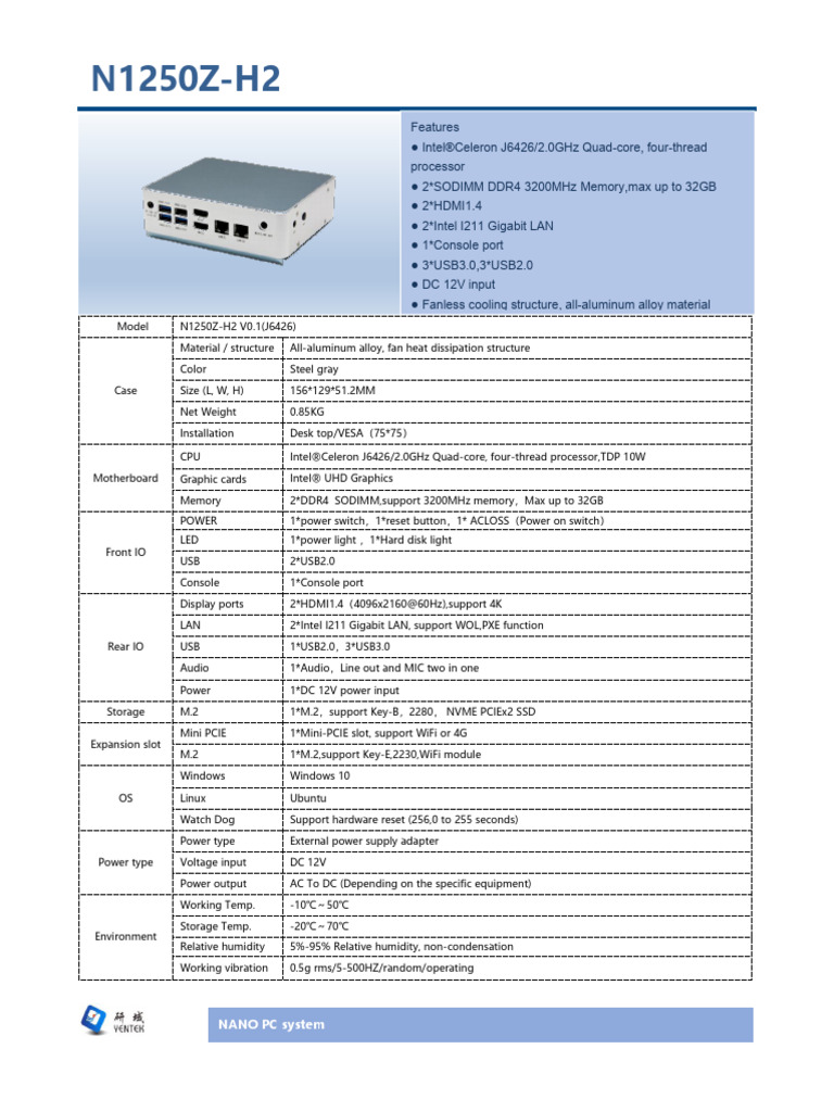 N1250Z-H2 V0.1 (J6426) Nano PC Specs | PDF | Usb | Power Supply