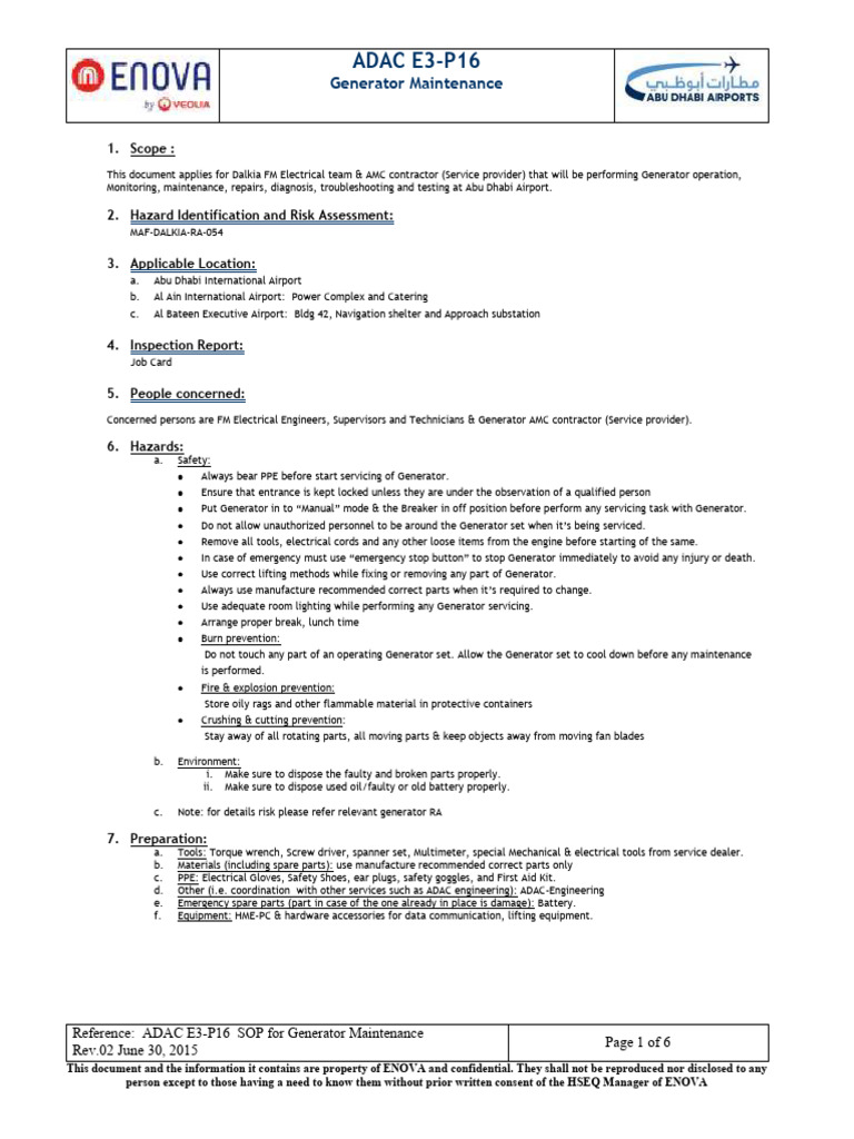 Generator Maintenance SOP for Abu Dhabi | PDF | Electric Generator ...