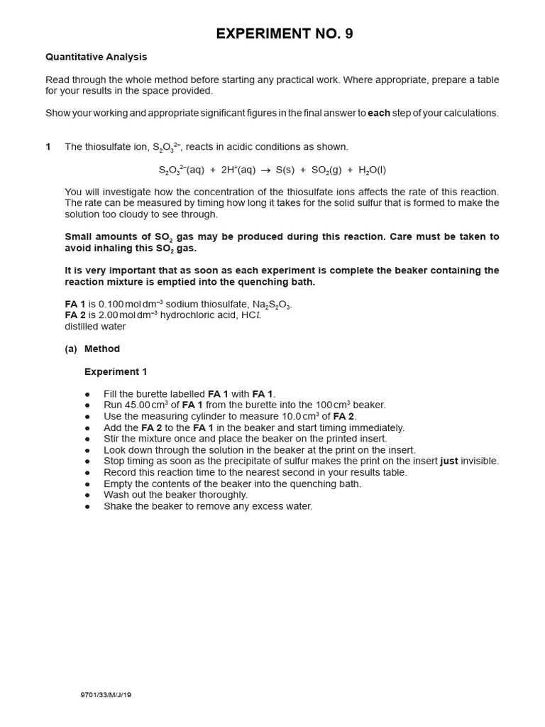 Thiosulfate Reaction Rate Experiment | PDF | Physical Chemistry ...