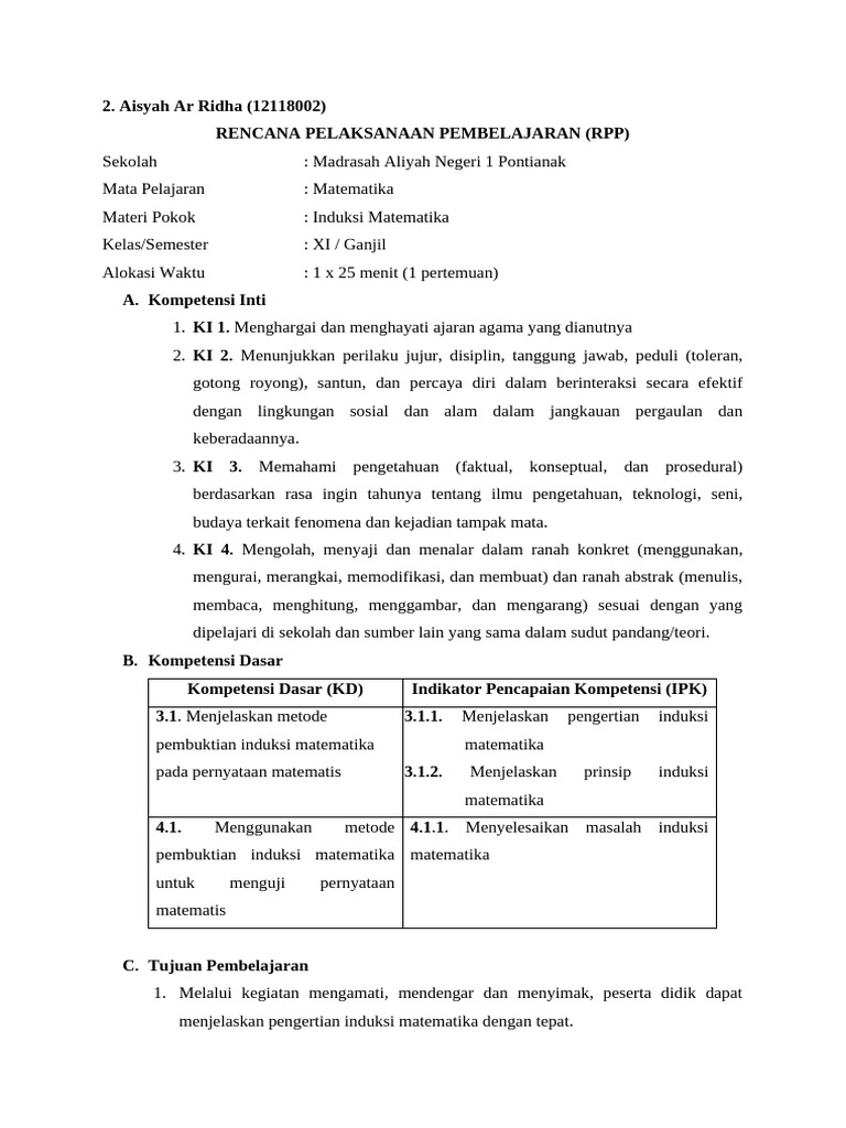 (Rencana Pelaksanaan Pembelajaran (RPP) Induksi Matematika) | PDF
