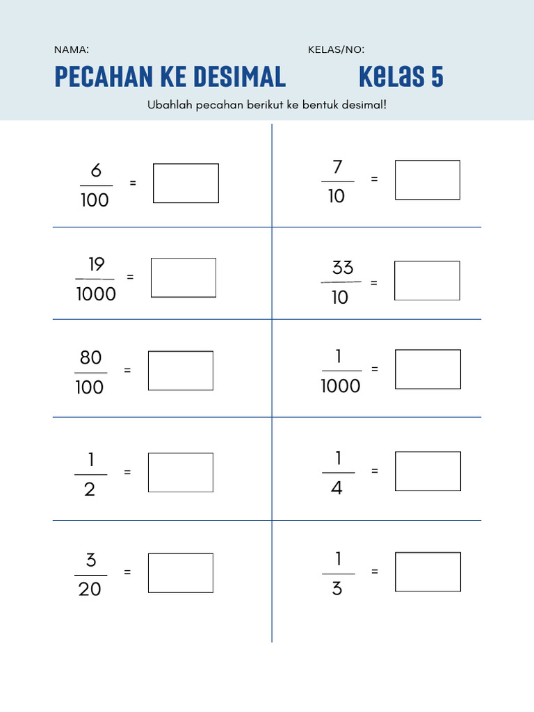 Blue Grade 4 Math Fraction Decimals Worksheet | PDF