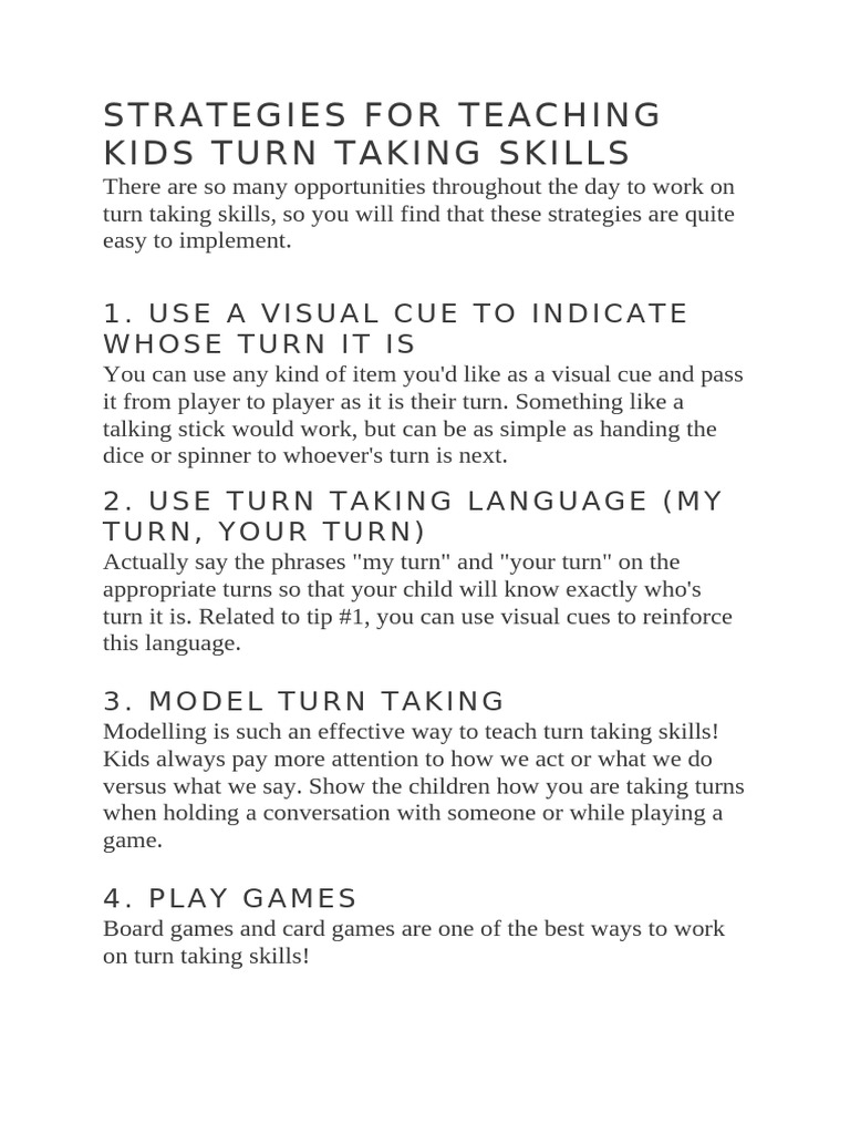 Strategies For Teaching Kids Turn Taking Skills | PDF | Psychological Concepts | Cognitive Science