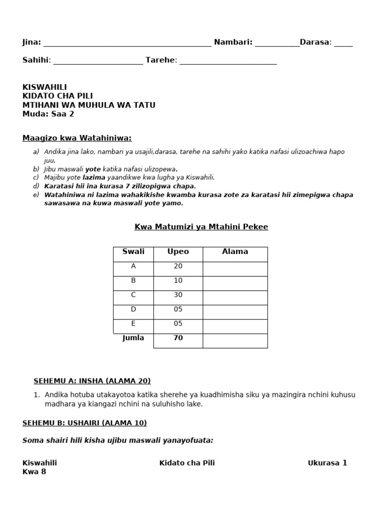 Kiswahili-F2-Qs T3 | PDF