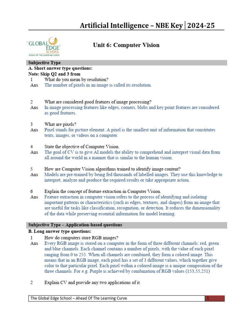 GR X - Computer Vision - NBE Key | PDF | Computer Vision | Computer Science