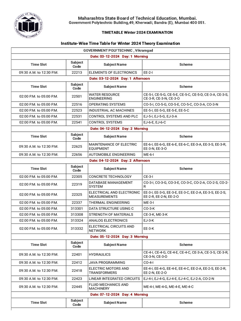 Time Table For Winter 2024 Theory Examination | PDF | Engineering ...