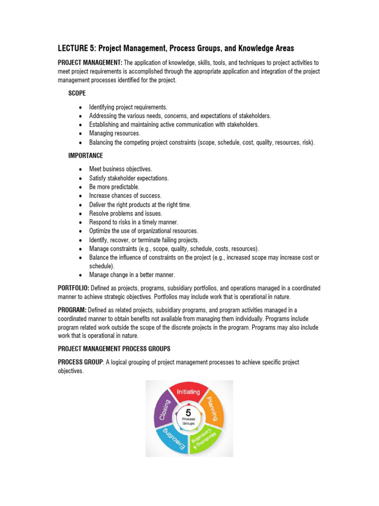 LECTURE 5 - Project Management, Process Groups, and Knowledge Areas ...