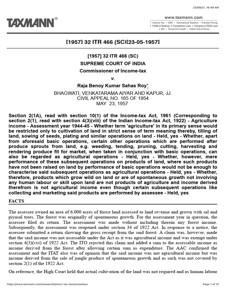 CIT Vs Raja Binoy Kumar Ag Income | PDF | Agriculture | Income Tax