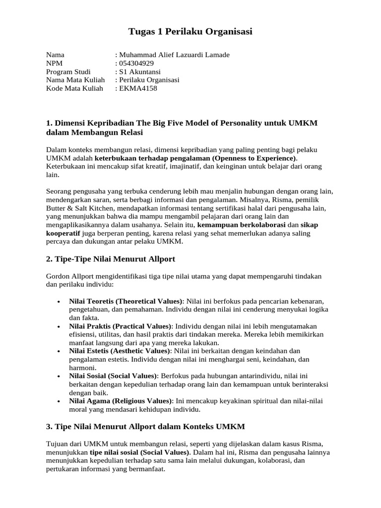 Jawaban TUGAS TUTON 1 - PERILAKU ORGANISASI (EKMA4158) | PDF