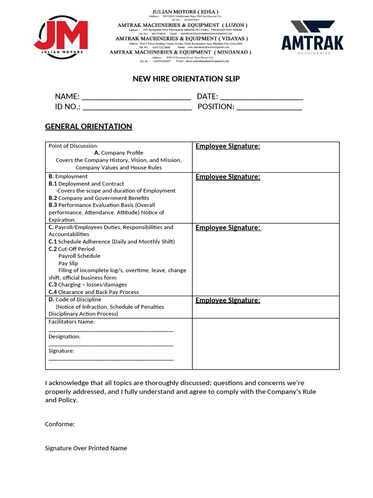 ORientation Slip - Newly Hired | PDF
