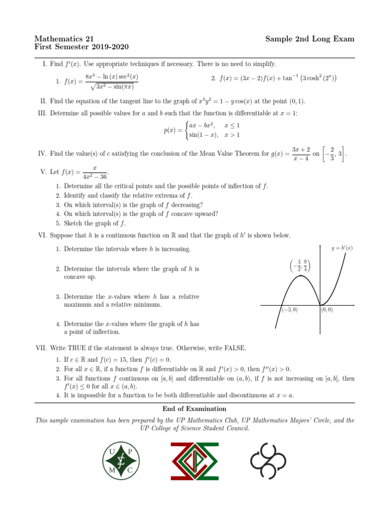 Math 21 LE2 Samplex AnsKey 1 1920 | PDF | Mathematical Relations | Calculus