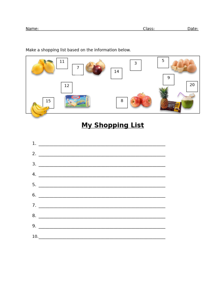 Shopping List Worksheet | PDF