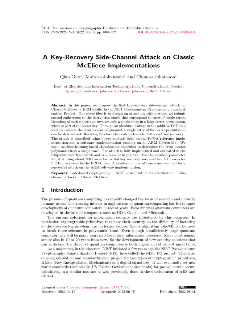 A Key-Recovery Side-Channel Attack On Classic McEliece Implementations | PDF | Cyberwarfare ...