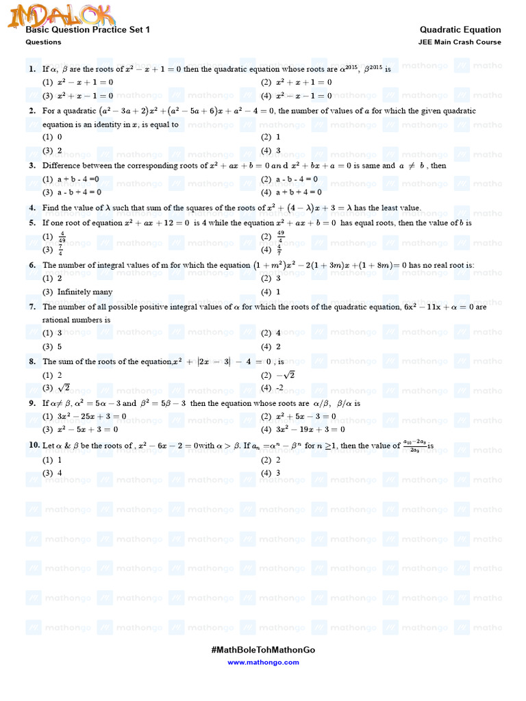 JEE Main Quadratic Practice Set | PDF | Equations | Numbers