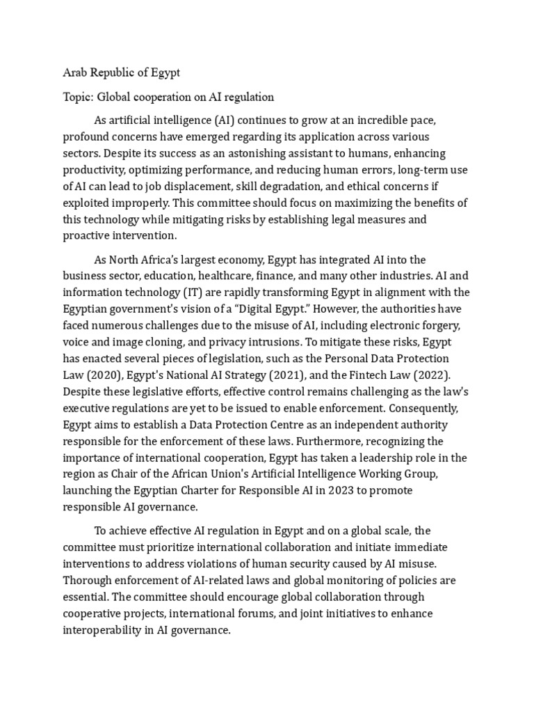 Egypt's Role in Global AI Regulation | PDF