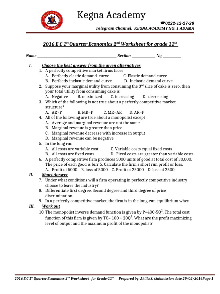 Grade 11 Economics Worksheet | PDF | Demand | Perfect Competition