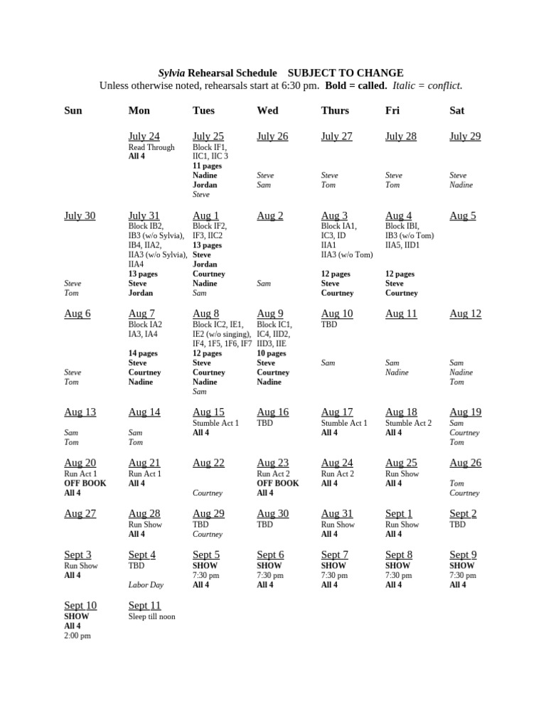 Sylvia Rehearsal Schedule Overview | PDF