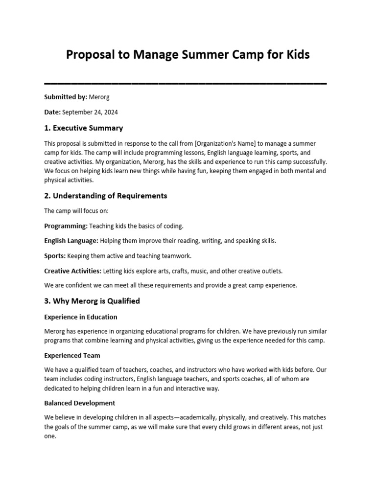 Summer Camp Management Proposal | PDF | Teachers | Experience