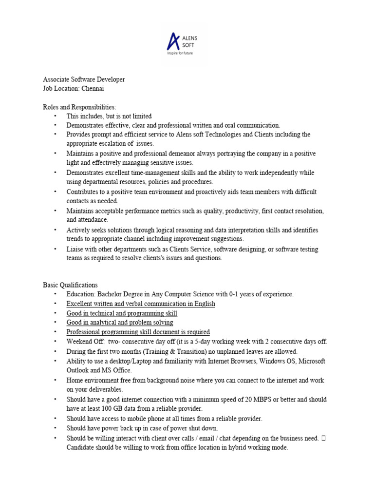 Alenssoft ASE Job Description | PDF | Internet | Communication
